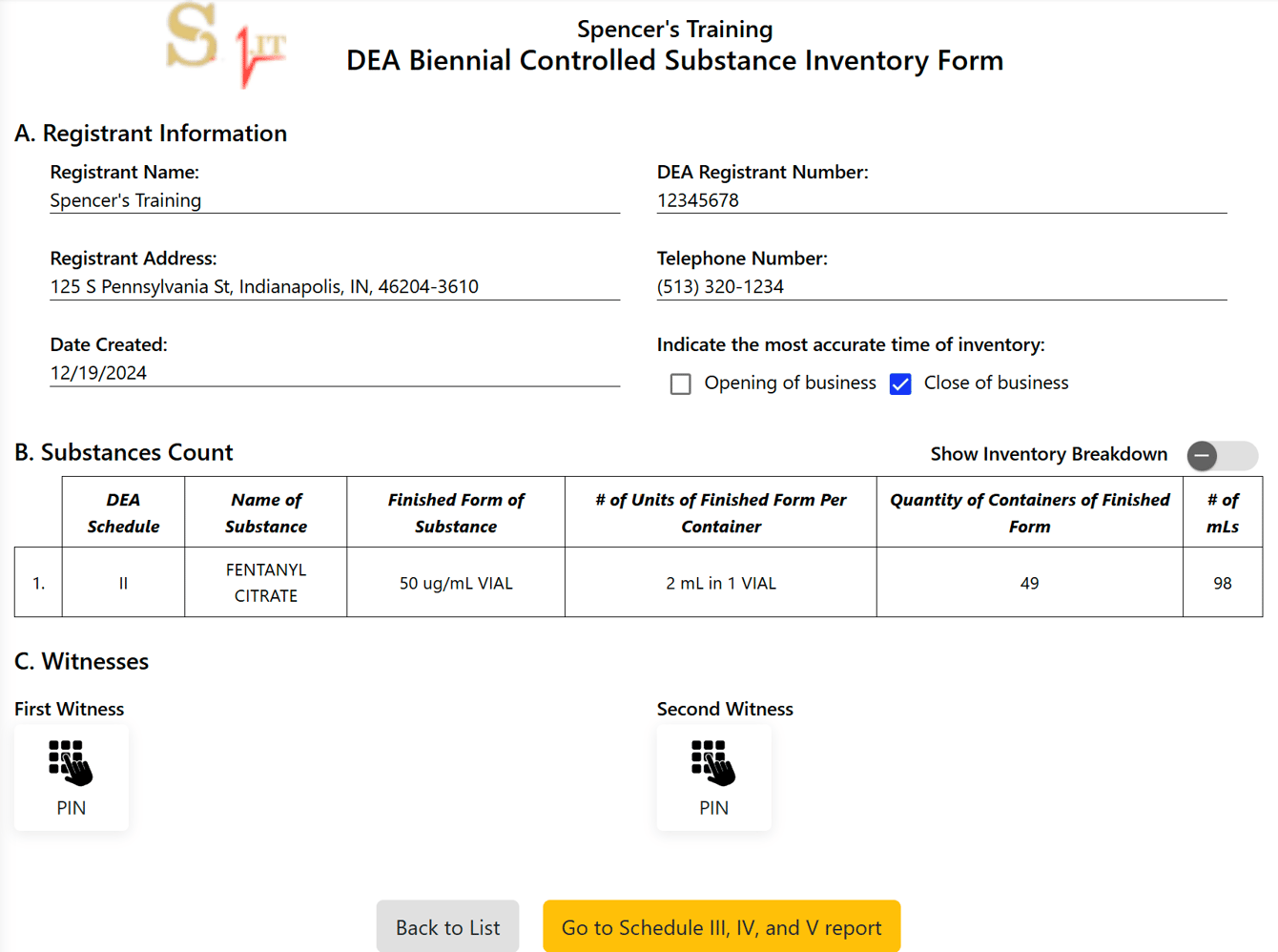 DEA Biennial Controlled Substance Inventory Form